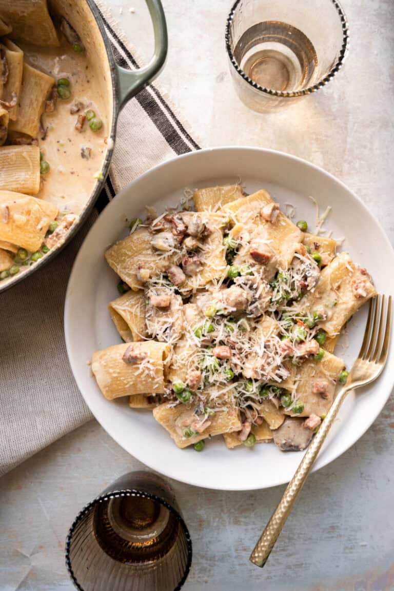 Creamy Pancetta Pasta Recipe with Peas and Mushrooms - Tasting With Tina